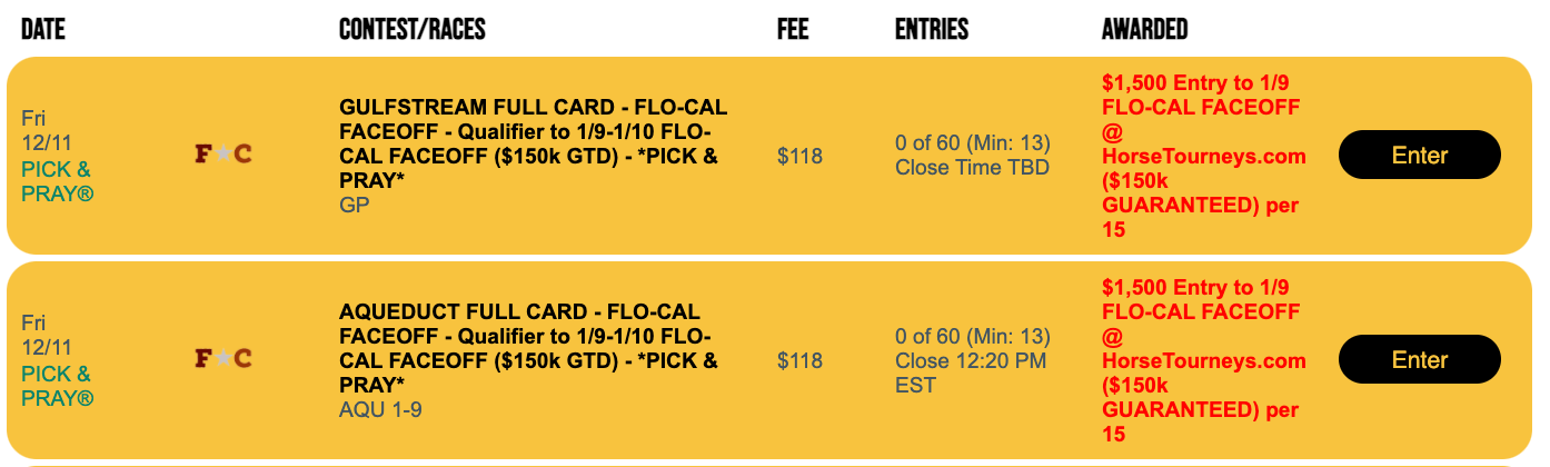 Single-Track Flo-Cal Faceoff Qualifiers on Aqueduct and Gulfstream ...